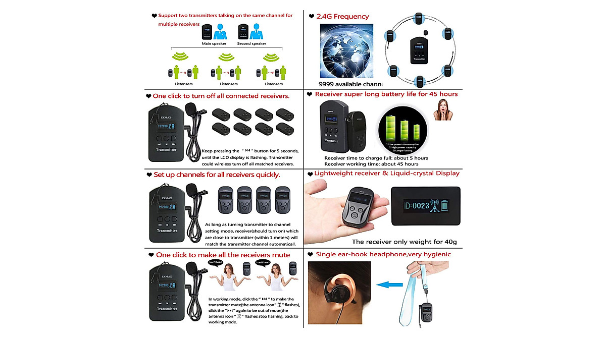EXMAX EXD-101 2.4G Wireless Handfree Tour Guide System Translation Equipment with 9999 Channels ...