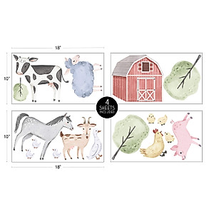 Sweet Jojo Designs Farm Animals Large Peel and Stick Wall Decal Stickers Art Nursery Decor Mural - Set of 4 Sheets - Watercolor Farmhouse Barn Horse Cow Sheep Pig Chicken Sheep Goat Barnyard