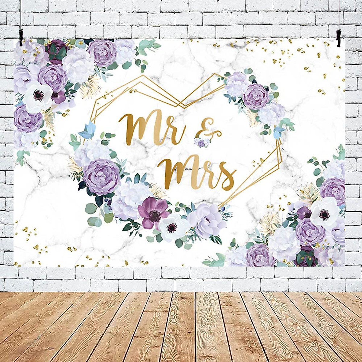 AIBIIN 7x5ft Mr and Mrs Violet Wedding Backdrop for Bridal Shower Purple and White Flowers Photography Background Hearts Geometric Couple Wedding Party Decorations Bride to Be Engagement Banner Props