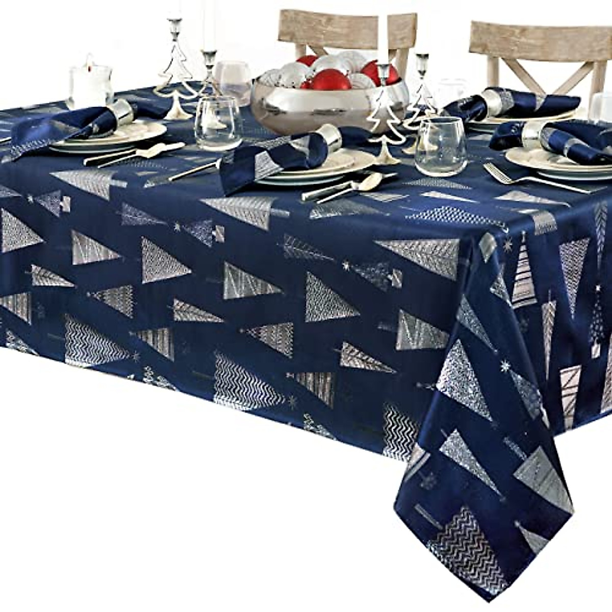 Newbridge Navy Blue and Silver Fancy Metallic Christmas Trees Fabric Holiday Tablecloth, Xmas Tree Contemporary Soil Resistant Easy Care Tablecloth, 60” x 84” Oblong/Rectangle Navy/Silver