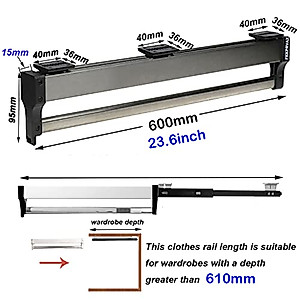 Closet Clothes Hanger Rail,Pull-Out Closet Rod 30-60cm,Wardrobe Clothing Rail,Closet Organizer Rack for Pants and Coat (600MM/23.6INCH)
