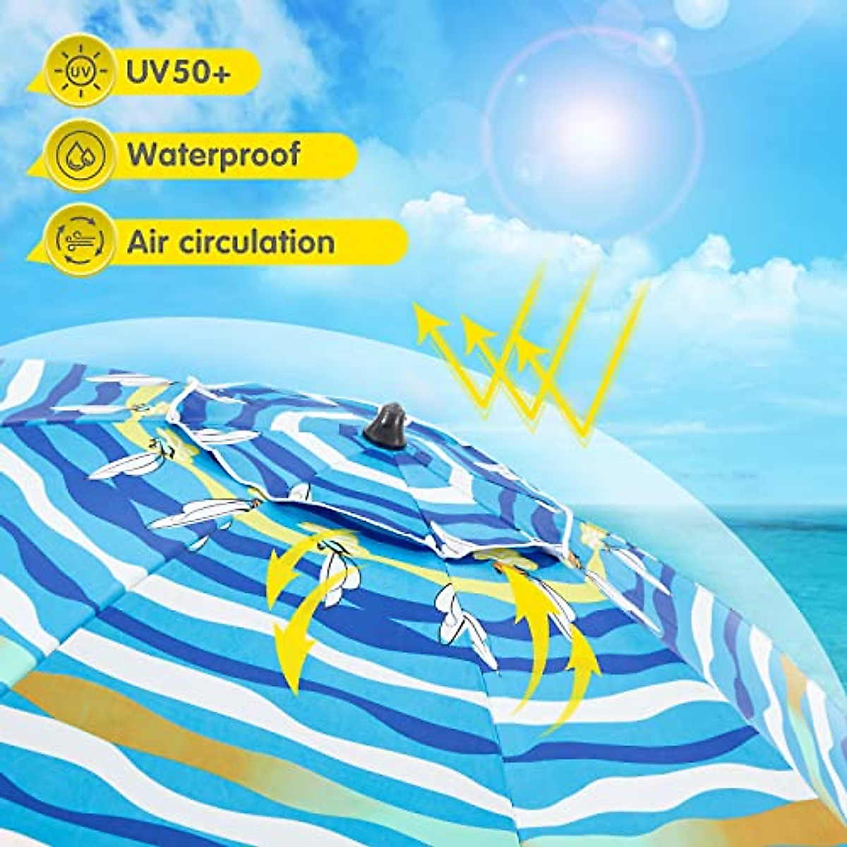 Magiea 7ft Beach Umbrellas For Sand Heavy Duty Wind, Portable Beach Umbrella UPF 50+ Windproof Outdoor Beach Umbrella with Sand Anchor, Tilt Pole, Carry Bag, Table Tray, Vent and Hook