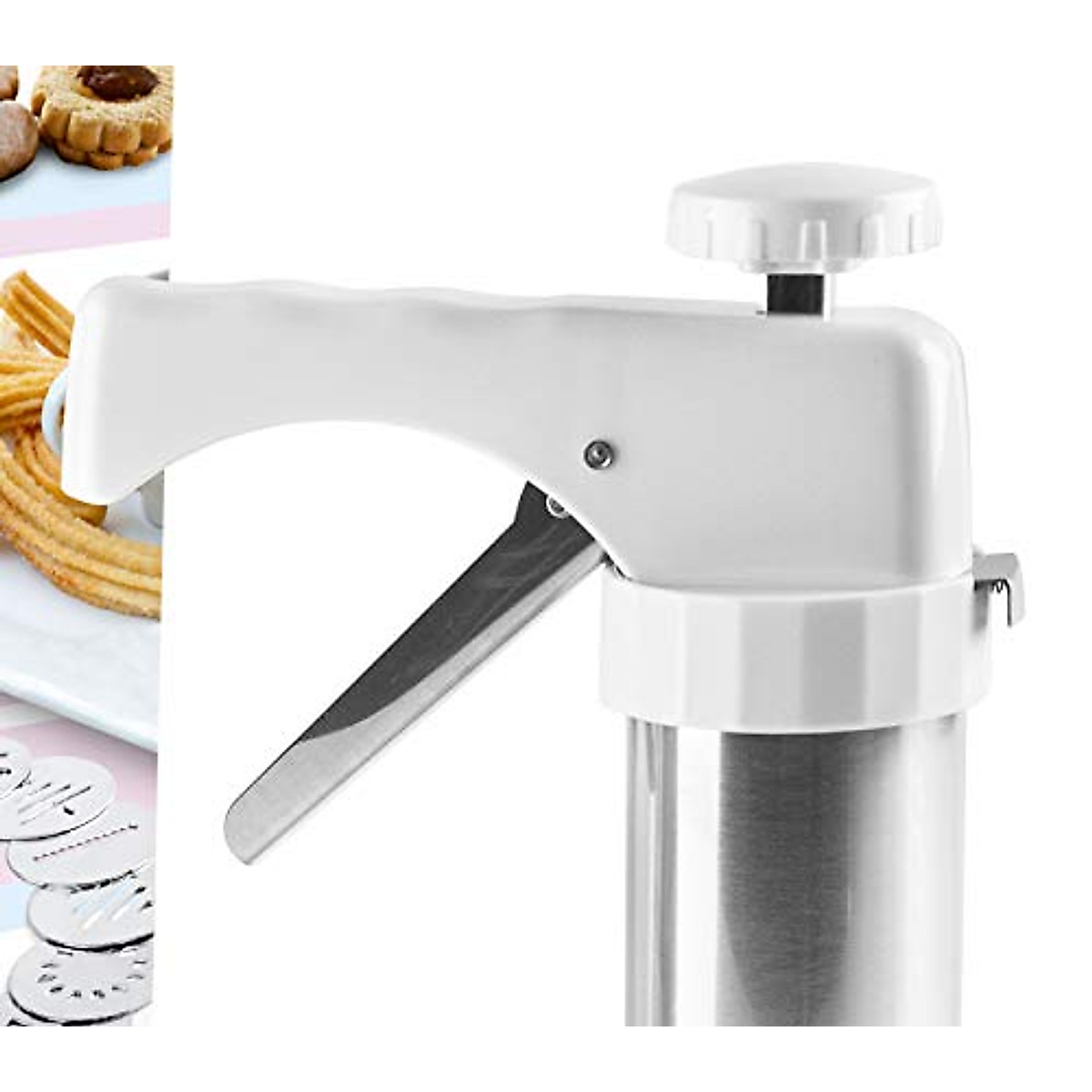 Ibili Cookie Press Gun, 18/10 INOX Stainless Steel Cookie Press for Baking, Dishwasher Safe, Includes 10 Variated Discs and 8 Interchangeable Nozzles - Made in Spain