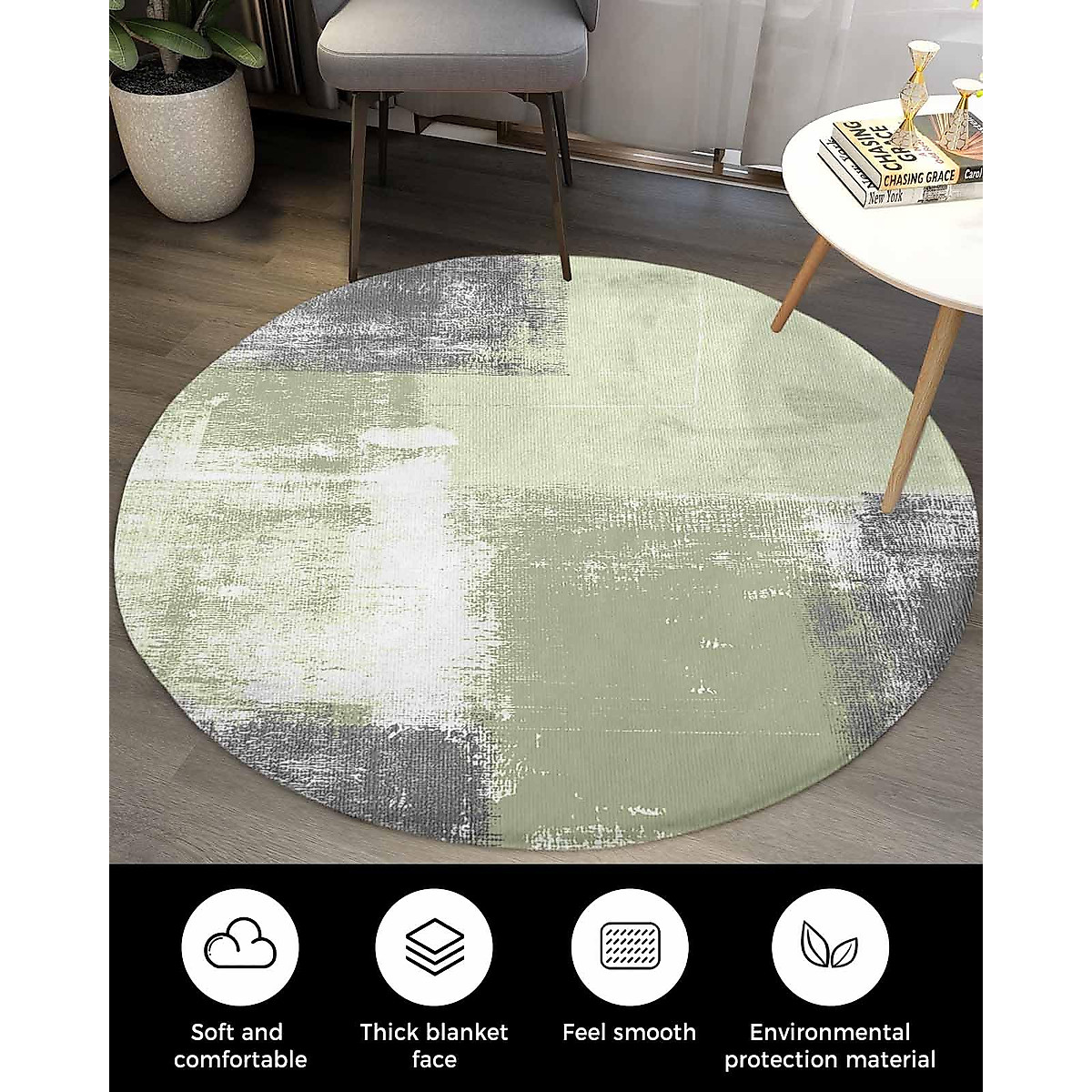 Modern Sage Green Fluffy Round Area Rug Carpets 5ft, Plush Shaggy Carpet Soft Circular Rugs, Non-Slip Fuzzy Accent Floor Mat for Living Room Bedroom Nursery Home Decor Abstract Grey White Painted Art