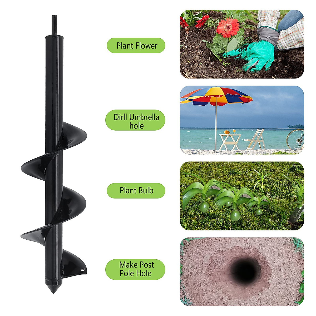 Auger Drill Bit Set for Planting Garden Auger Spiral Drill Bit for Planting Bulbs Flowers Planting Post or Umbrella Hole Digger for 3/8” Hex Drive Drill