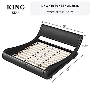 Allewie King Size Upholstered Platform Bed Frame with Ergonomic & Adjustable Headboard, Low Profile Sleigh Design for Elegant Bedroom - No Box Spring Needed, Easy Assembly, Black