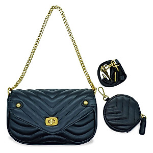 Small Quilted Crossbody Bags for Women Trendy Designer PU Leather Shoulder Bag with Coin Purse Sets Metal Chain Clutch (Black)