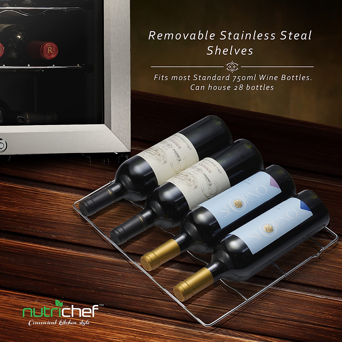 NutriChef PKCWCDS288 Compressor Cooler Refrigerator Cooling System | Large Freestanding Wine Cellar Fridge For Red White Champagne or Sparkling, Glass Door, 28 Bottle Dual Zone-Stainless Steel