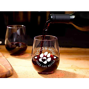 GSM Brands Stemless Wine Glass for Dog Lovers (Dogs and Wine Make Life Better) Made of Unbreakable Tritan Plastic and Dishwasher Safe - 16 ounces