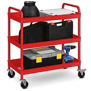IRONMAX 3-Tier Rolling Tool Cart, 396LBS Heavy Duty Metal Utility Cart w/Lockable Universal Wheels, Storage Organizer Steel Service Cart for Garage, Office, Kitchen, Workshop, Repair Shop (Red)