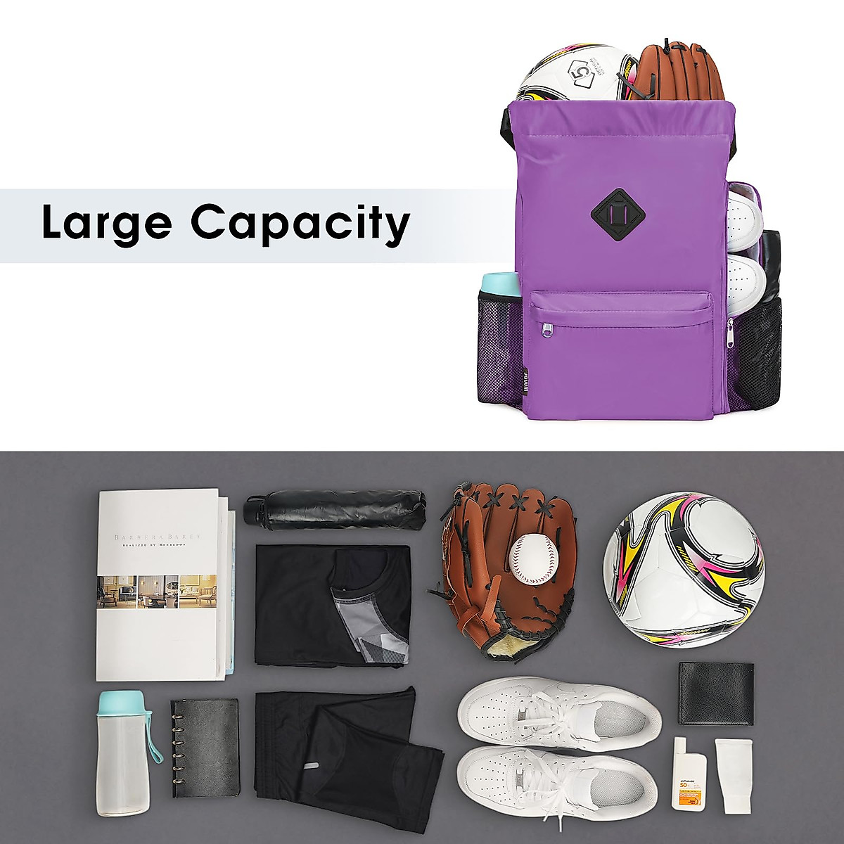 WANDF Drawstring Backpack Sports Gym Bag with Shoes Compartment, Water-Resistant String Backpack Cinch for Women Men(Large,Purple)