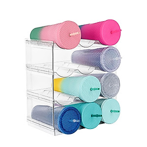 HOGARSWE Water Bottle Organizer, Storage Holder for Kitchen Organization,Fridge, Pantry,Cabinet,Countertop,Cupboard- Plastic Cup Rack Shelf for Wine,Drinks- 4 Layers,Each Rack Holds 3 Containers,Clear