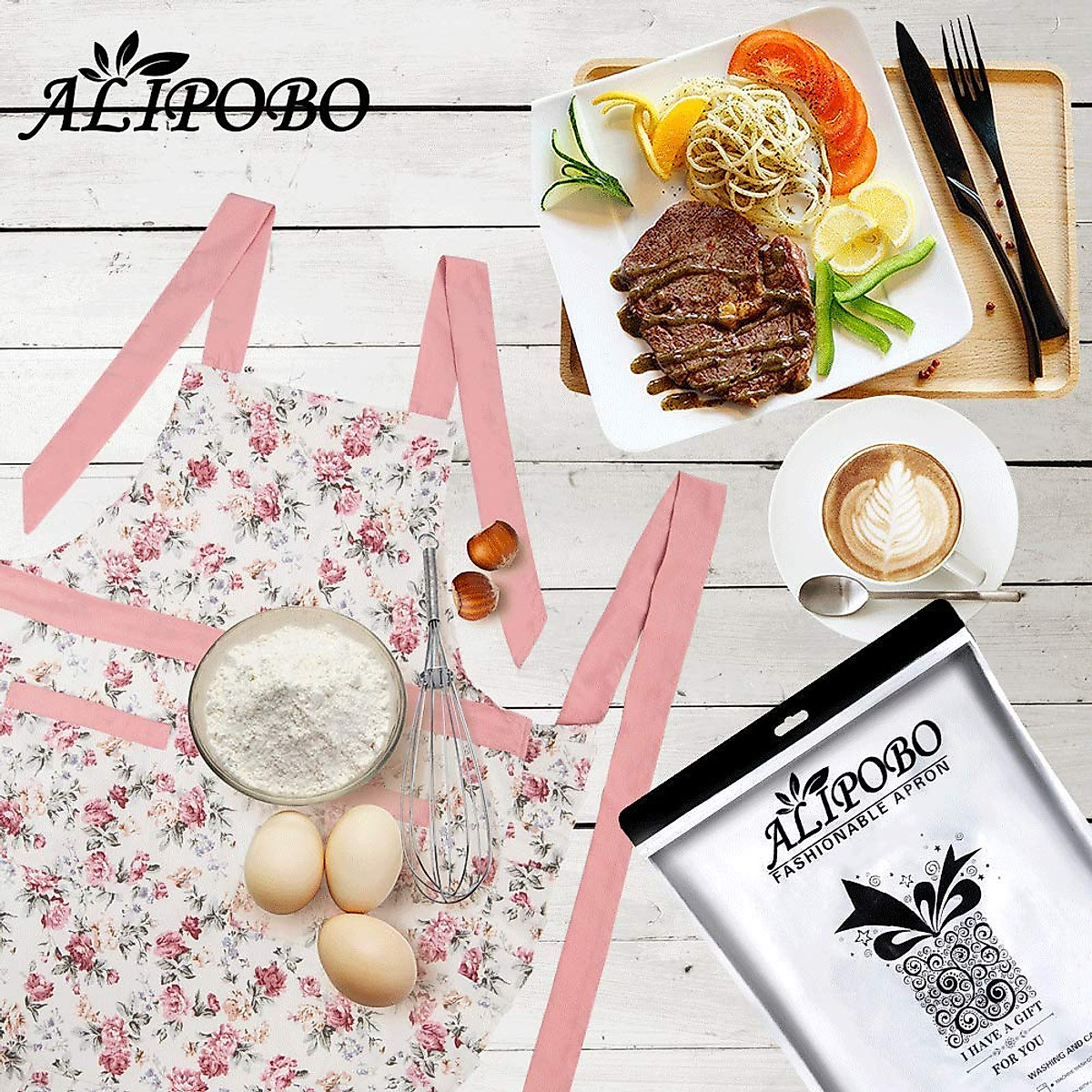 ALIPOBO Lovely Apron for Women, Lady’ s Cotton Apron with Adjustable Neck Strap, 2 Pockets and 41.5” Long Ties, Cute Apron for Kitchen Cooking, Home Baking - 30” x 27” - 1 Pcs