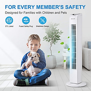FREE VILLAGE JTF-03R 30'' Bladeless Tower Fan - 30 Inch Portable Tower Fan with Remote, 7.5 Hours Timer, 70° oscillation, Compact Size, 3 Modes and 3 Speed Settings, Safe for Kids and Pets, White