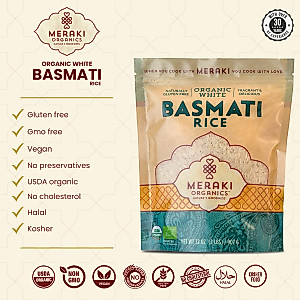 Meraki Organic White Basmati Rice 2 LB Bag - Pleasant Aroma, Thin, Extra Long Separated Fluffy Texture - Authentic Rice from Punjab, 100% USDA Certified Organic, Gluten-Free, Non-GMO, Vegan, Halal Kosher Low Sodium & Delicious No Artificial Flavors