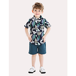 JunNeng Toddler Baby Boy Shorts Sets Hawaiian Outfit,Infant Kid Leave Floral Short Sleeve Shirt Top+shorts Suits Dark Blue