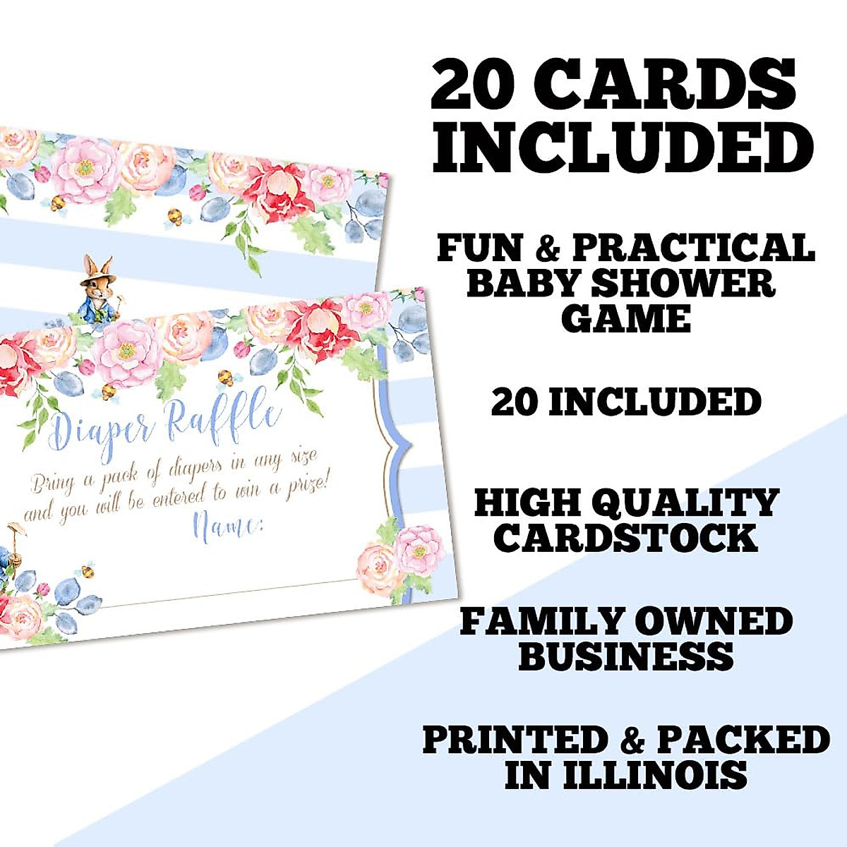 Little Rabbit Floral Themed Diaper Raffle Tickets for Boy Baby Showers, 20 2" X 3” Double Sided Insert Cards for Games by AmandaCreation, Bring a Pack of Diapers to Win Favors & Prizes!