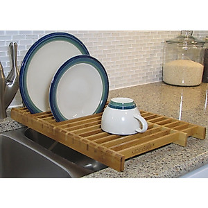 KitchenEdge Over The Sink Dish Drying Rack, Plate Pot Drainer for Kitchen Countertop, 100% Natural Bamboo