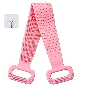Silicone Bath Body Brush, Exfoliating Lengthen Silicone Body Back Scrubber, Easy to Clean, Lathers Well, Eco Friendly, Long Lasting, Comfortable Massage for Shower (Pink)