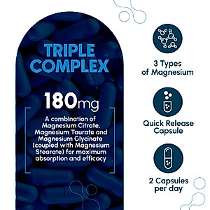 Zenavea - Triple Magnesium Complex Supplement (120 Vegan Capsules) - 180mg of Magnesium Glycinate Taurate and Citrate - Calm Magnesium Complex Supplements