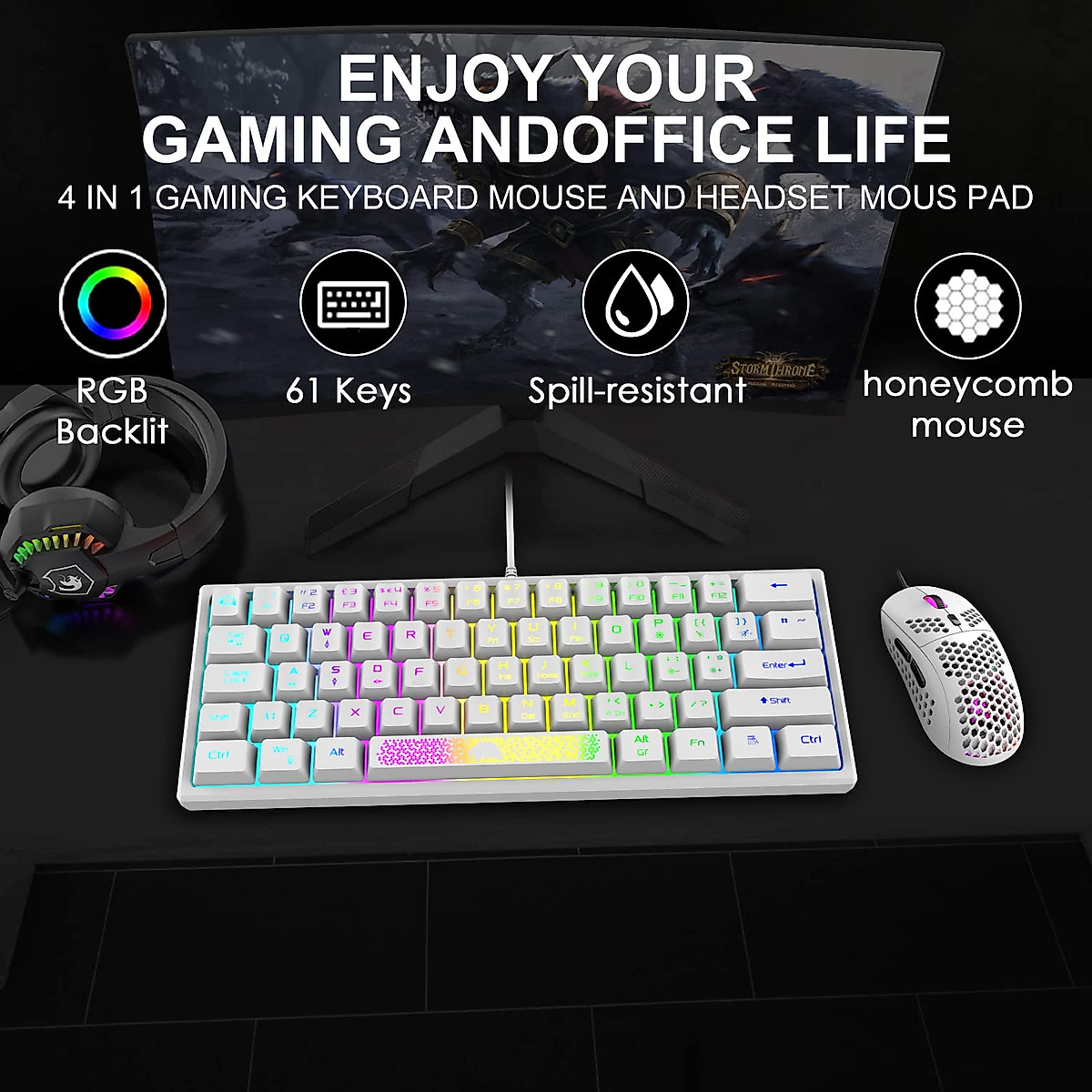 60% Gaming Keyboard Honeycomb Mouse and RGB Headset Comboith Rainbow Backlight Ergonomic 62Key Mechanical Feeling Adjustable 7200DPI Mice Stereo Sound Headphone for PS4 Xbox One PC Mac Gamer