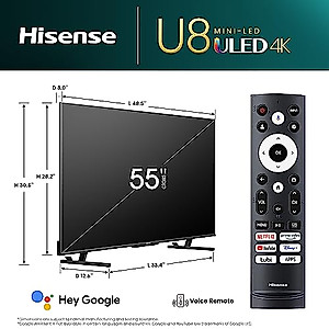 Hisense 55-Inch Class U8 Series ULED Mini-LED Google Smart TV - Quantum Dot Color, 144Hz Game Mode Pro, 1500-Nit Dolby Vision IQ, Hands Free Voice Control, Compatible with Alexa (55U8K, 2023 Model)