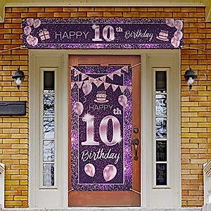 PAKBOOM Happy 10th Birthday Door Cover Porch Banner Sign Set - 10 Years Old Birthday Decoraions Party Supplies for Girls - Purple Pink