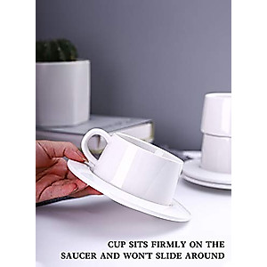 Kanwone Porcelain Stackable Cappuccino Cups with Saucers - 8 Ounce for Specialty Coffee Drinks, Cappuccino, Latte, Americano and Tea - Set of 4, White