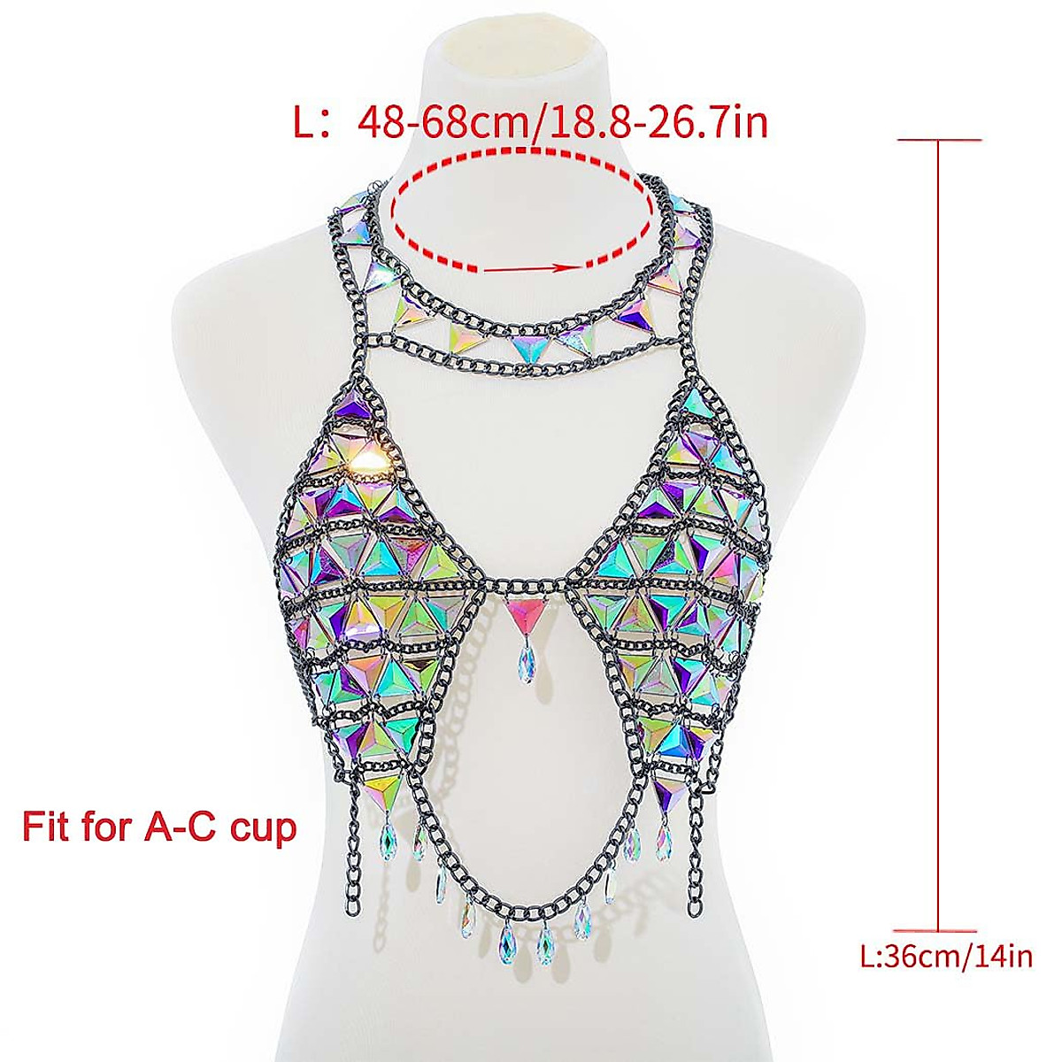 Aiosy Boho Body Chain Bra Silver Sexy Rhinestone Bikini Bra Body Halter Backless Sequins Chain Bra Beach Body Accessories Jewelry for Women (Top)