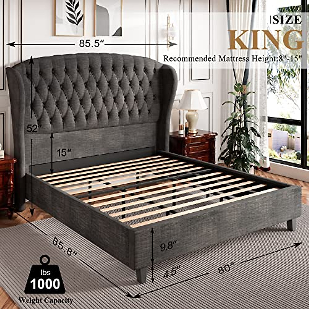 Jocisland Upholstered Bed Frame King Size Wingback Platform Bed Frame Tufted and Headboard Tall Linen Bed Frame/No Box Spring Needed/Wood Slat (Dark Grey)