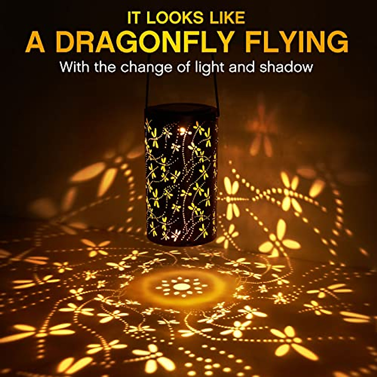 2 Pcs Solar Lanterns Outdoor Hanging, Metal LED Dragonfly Hanging Lantern Lights Dragonfly Gifts for Women Decorative Hollowed Waterproof Retro Garden Night Light Christmas for Patio Backyard Pathway