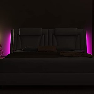 Keyluv Modern Upholstered Bed Frame with Adjustable LED Headboard, Pu Leather Platform Bed with Wave-Like Curve Design and Solid Wooden Slats Support, No Box Spring Needed, Noise Free, King, White