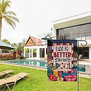 Hzppyz Life is Better by the Pool Summer Garden Flag Double Sided, Flamingo Juice Decorative Yard Outdoor Small Decor Burlap Home Outside Decoration 12 x 18