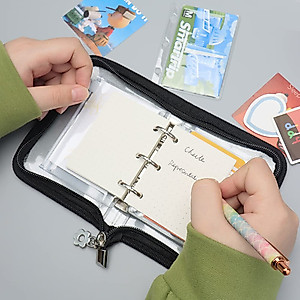 Mini Budget Binder with Cash Envelopes Set Black 3-Ring Zipper Binder Folders, 80 Sheets 3 Hole Dot Paper Refills and 12pcs Clear Mini Biner Pockets for Planner Budgeting System