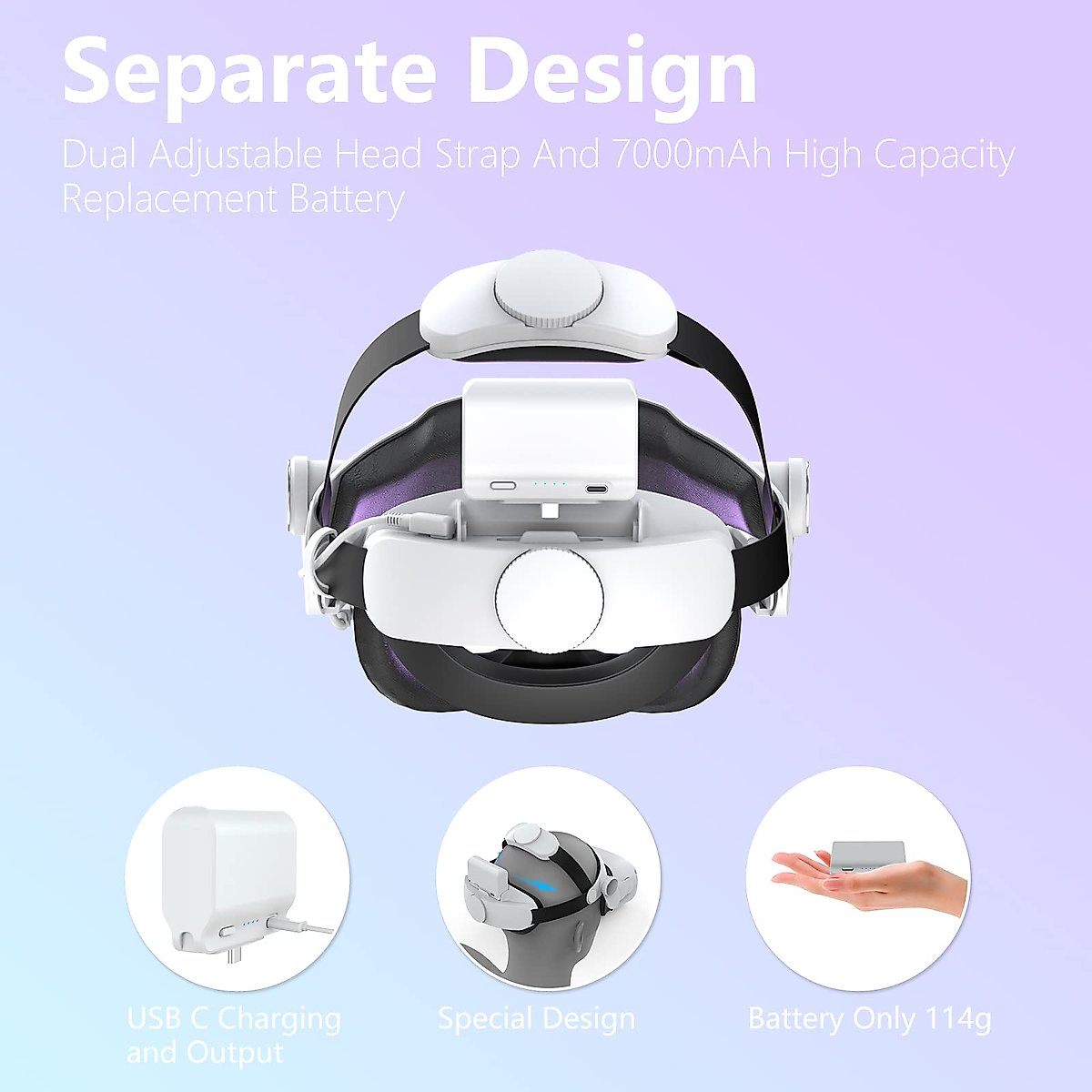 VR Head Strap for Meta Quest 2, with 7000mah Replaceable Battery Extend 4hrs Playtime, Head Strap for Enhanced Support and Comfort in VR Gaming(Upgraded)