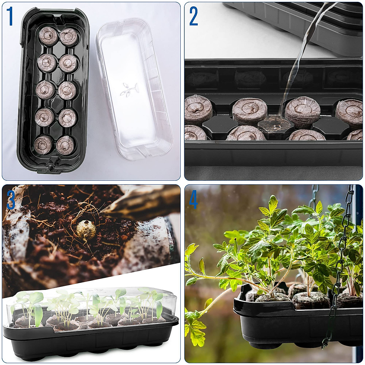 5 Pack Seed Starter Tray Seeding Starter Kits (50 Cells Total Tray)+ 50pcs Peat Pellets Seed Starter Soil,Seed Starter Kits Indoor Greenhouse Plant Germination Kits for Seeds Growing (Black)