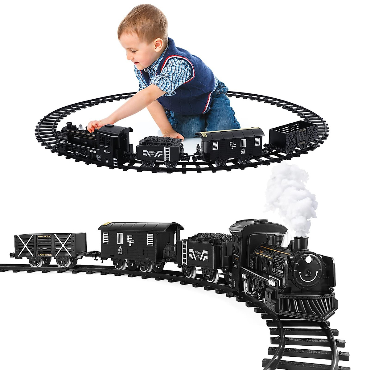 Electric Train Set for Kids- Battery- Powered Model Train with, Sounds& Lights Steam Locomotive Engine, Cargo Cars& Tracks- Christmas Train Sets for Under The Tree