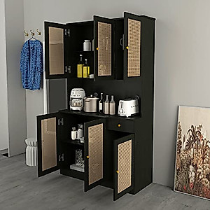 Wirrtory 71” Rattan Freestanding Kitchen Pantry Storage Cabinet, Buffet Cupboards Sideboard Modern Hutch Cabinet with 6 Doors & Drawer for Kitchen Living Room (Black)