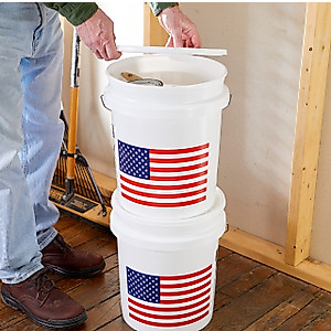 United Solutions 5 Gallon Bucket, Heavy Duty Plastic Bucket, Comfortable Handle, Perfect for on The Job, Home Improvement, or Household Cleaning, White with USA Flag, Pack of 2