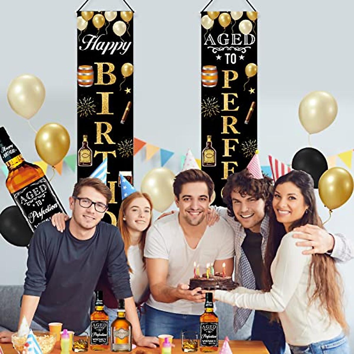 Whiskey Happy Birthday Door Banner Decorations for Men, Black Gold Whiskey Themed Happy Birthday & Aged to Perfection Party Sign Supplies, Cheer and Beer Themed Happy Birthday Photo Booth Props Decor for Indoor Outdoor