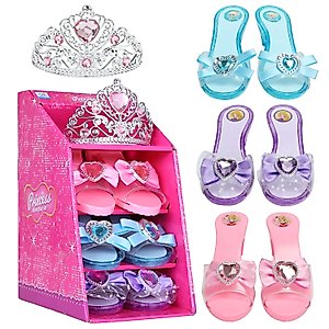 Mastom Girls Play Set! Fashion Princess Dress Up Shoes and Tiara (3 Pairs of Shoes + 1 Tiara) Role Play Collection for Little Girls