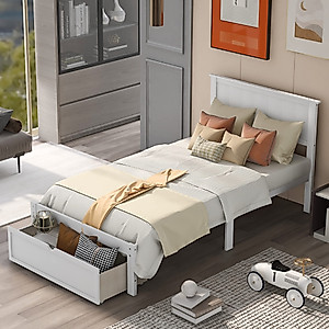 Merax Twin Bed Frames, Wood Twin Platform Bed Frame with Storage Drawer, Twin Kids Bed with Headboard for Girls Boys, No Box Spring Needed,White