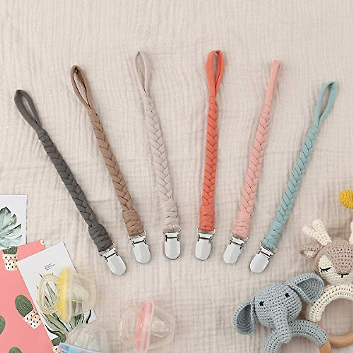 Pacifier Clip for Boys and Girls, Handmade Braided Cotton Baby Pacifier Holder Leash Smoother Clip Fits All Pacifiers Modern Unisex Baby Shower Set 6 Pack
