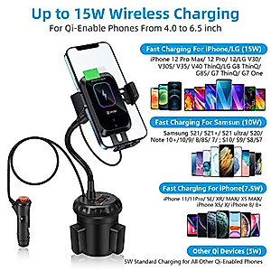 HVDI Cup Phone Holder Wireless Car Charger Mount, 3 Ports 54W Car Charger with 15W Qi Fast Charging Auto-Clamping Wireless Charger Adjustable Gooseneck Mount for iPhone Samsung Galaxy Note LG & More