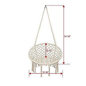 Hammock Chair Hanging Rope Swing, Hammock Net Air/Sky Chair Deluxe Cotton Rope Sling w/ Tassel for Bedroom, Beach, Yard, Patio, Porch, Garden, Indoor/ Outdoor Space (Beige)