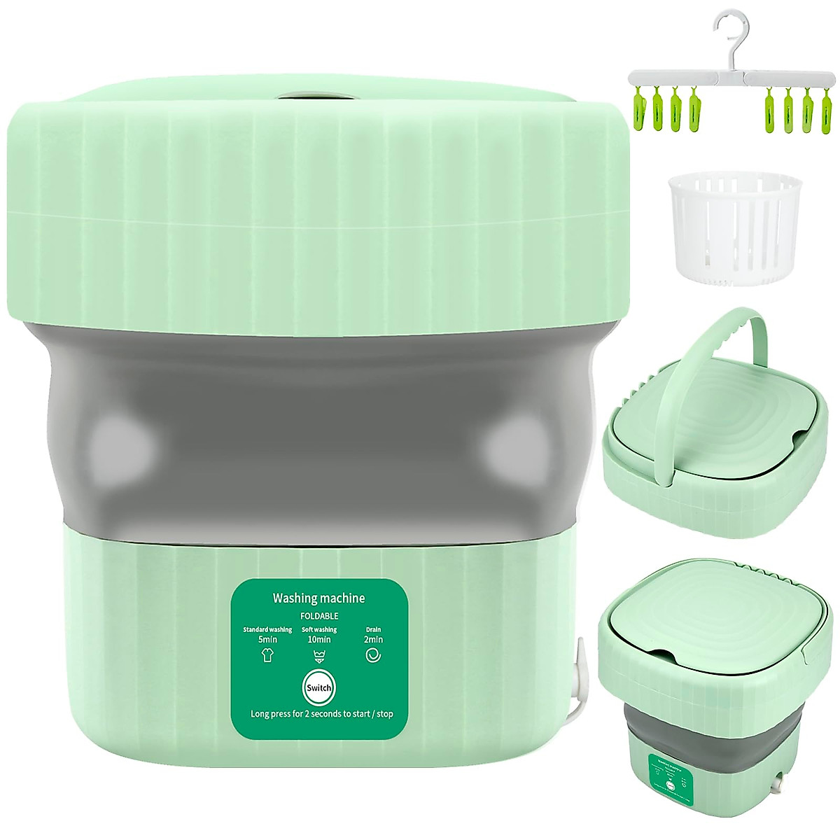 MINDORE Portable Washing Machine, 6.5L Large Capacity, 3 Modes of Deep Cleaning, Mini Washing Machine Suitable for Washing Baby Clothes, Underwear, Socks, Suitable for Apartment Camping Travel, Green