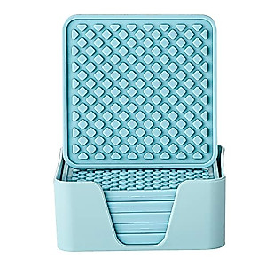 Colinda Silicone Drink Coasters with Holder, Set of 6, for Tabletop Protection and Office Desk, Cup Mat Set for Home Decor, Non-Slip and Non-Stick,Square, 4 Inch,Turquoise