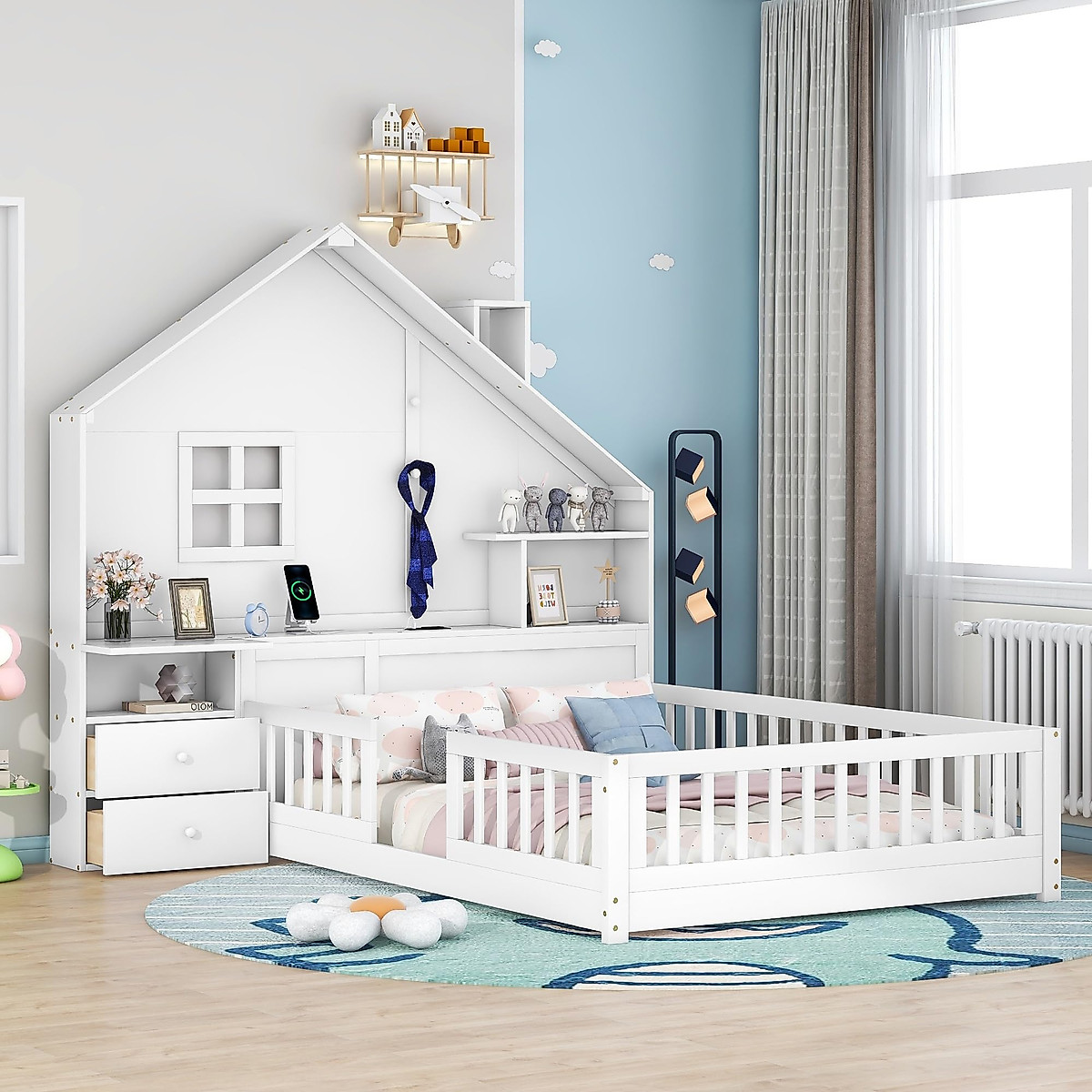 Mirightone Montessori Floor Bed with Rails Full Size Kids Bed Frame with Storage Drawers and Shelves Wood Platform Bed with House-Shaped Headboard and Charging Station, White