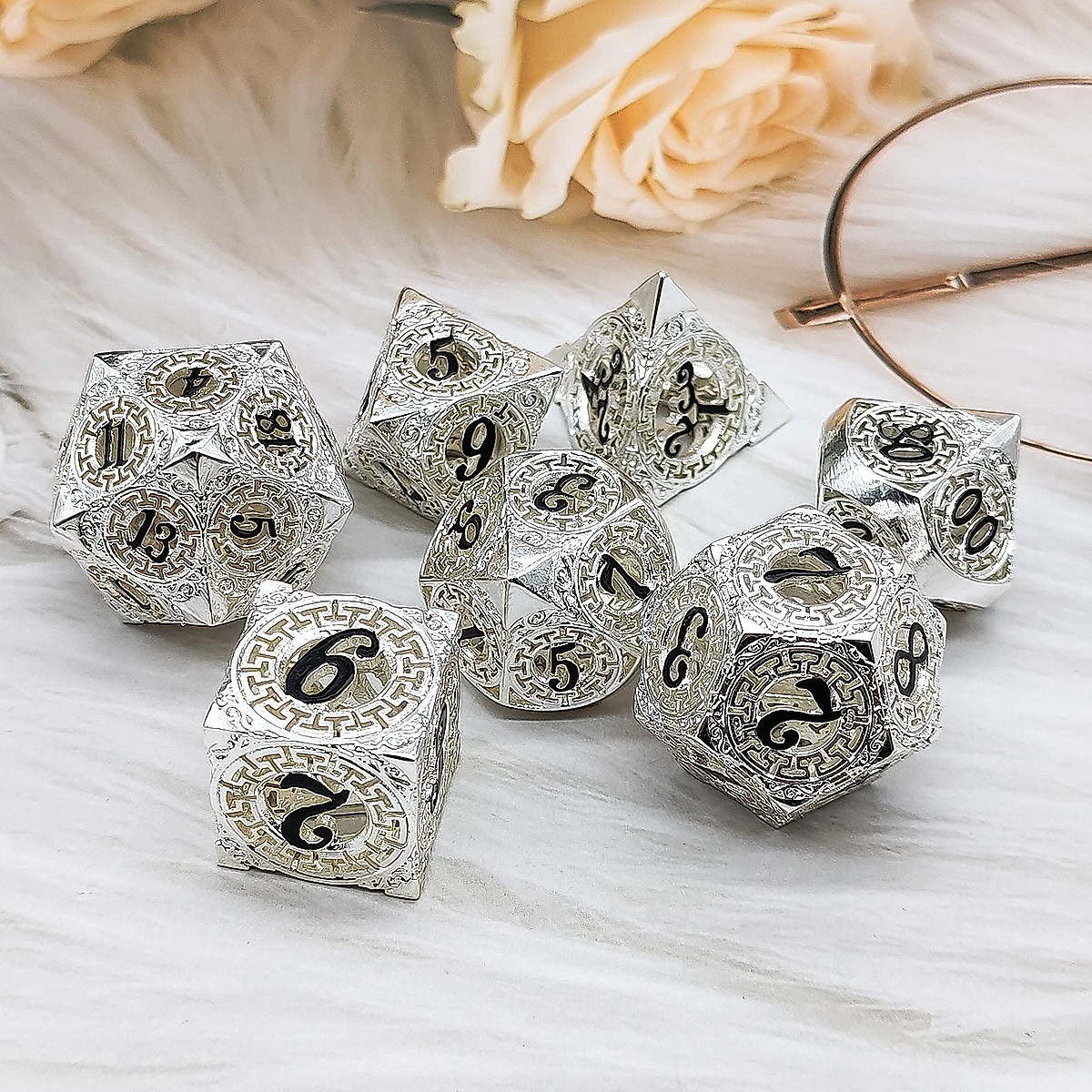 Metal Dice Set 7pcs DND - Table Game RPG Hollow Dice Silver and Black, with Metal Gift Box, Suitable for Dungeon and Dragon D&D MTG, Math Teaching, Polyhedron D4 D6 D8 D10 D10％ D20