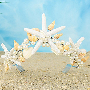 Unicra Starfish Crown and Tiaras Silver Pearl Bridal Headband Beach Headpiece Wedding Hair Accessories for Women and Girls